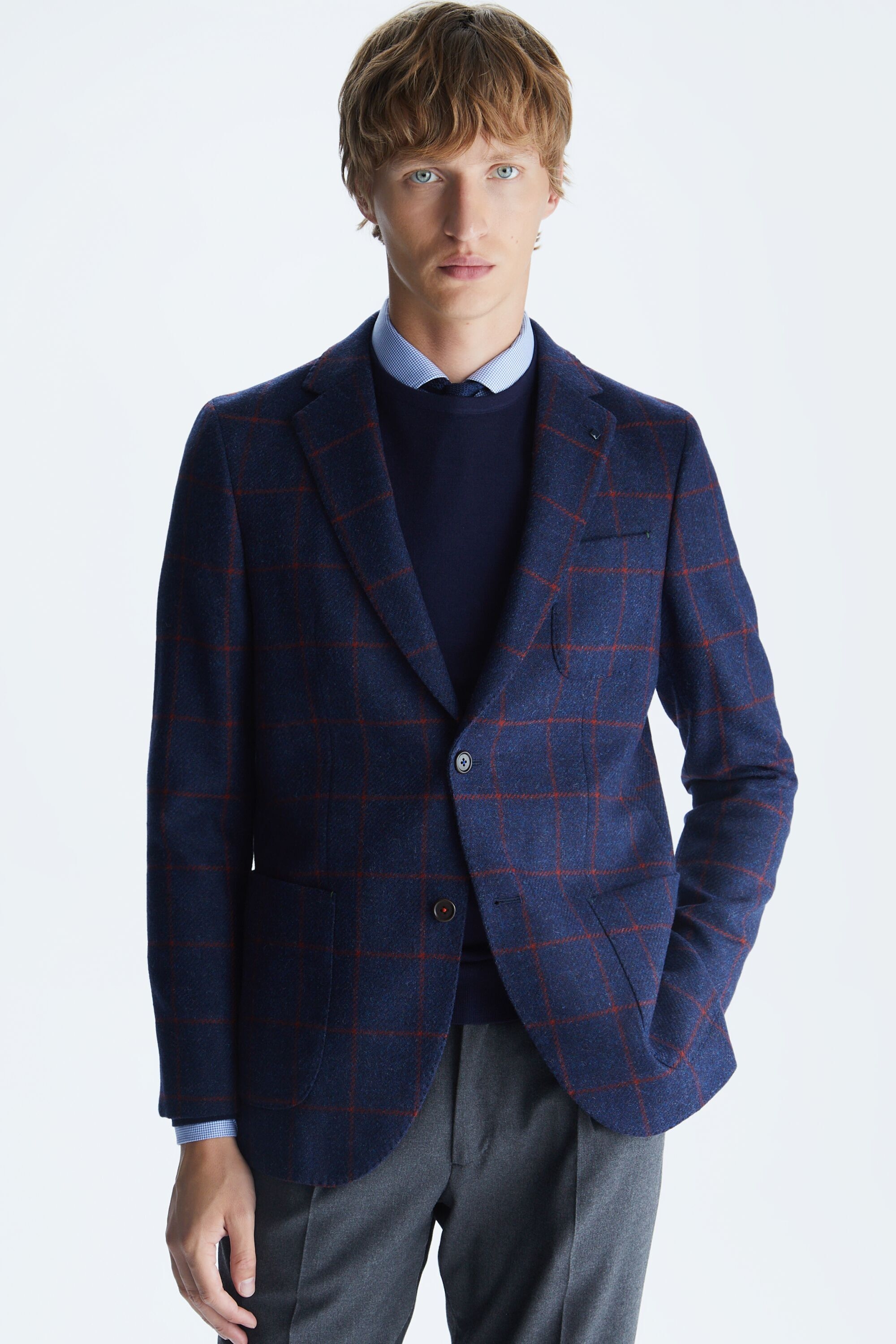 Windowpane checked wool relaxed fit blazer navy/red - Purificacion ...