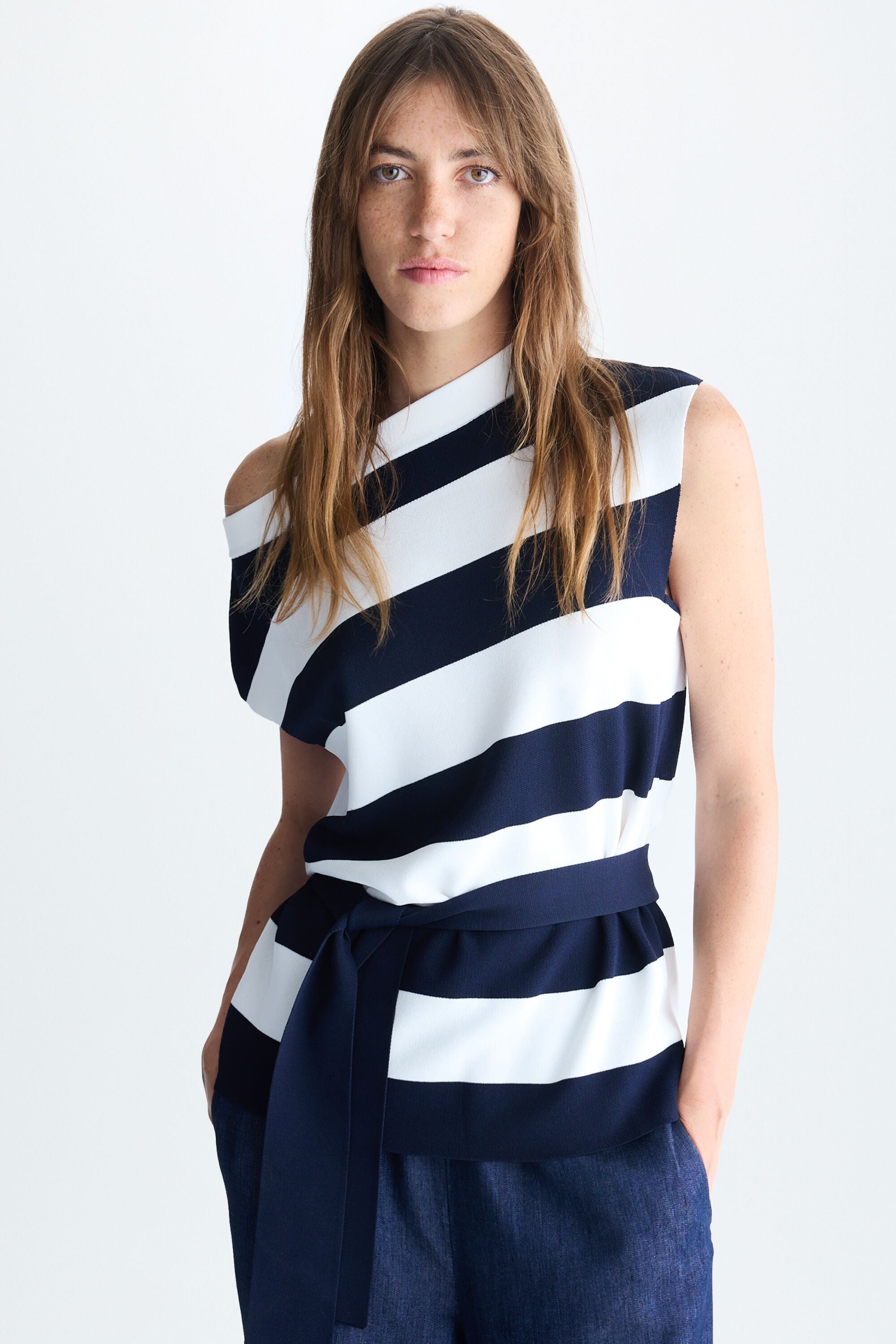 Jersey recto punto stretch rayas cinturon azul marino/crudo - Purificacion Garcia México