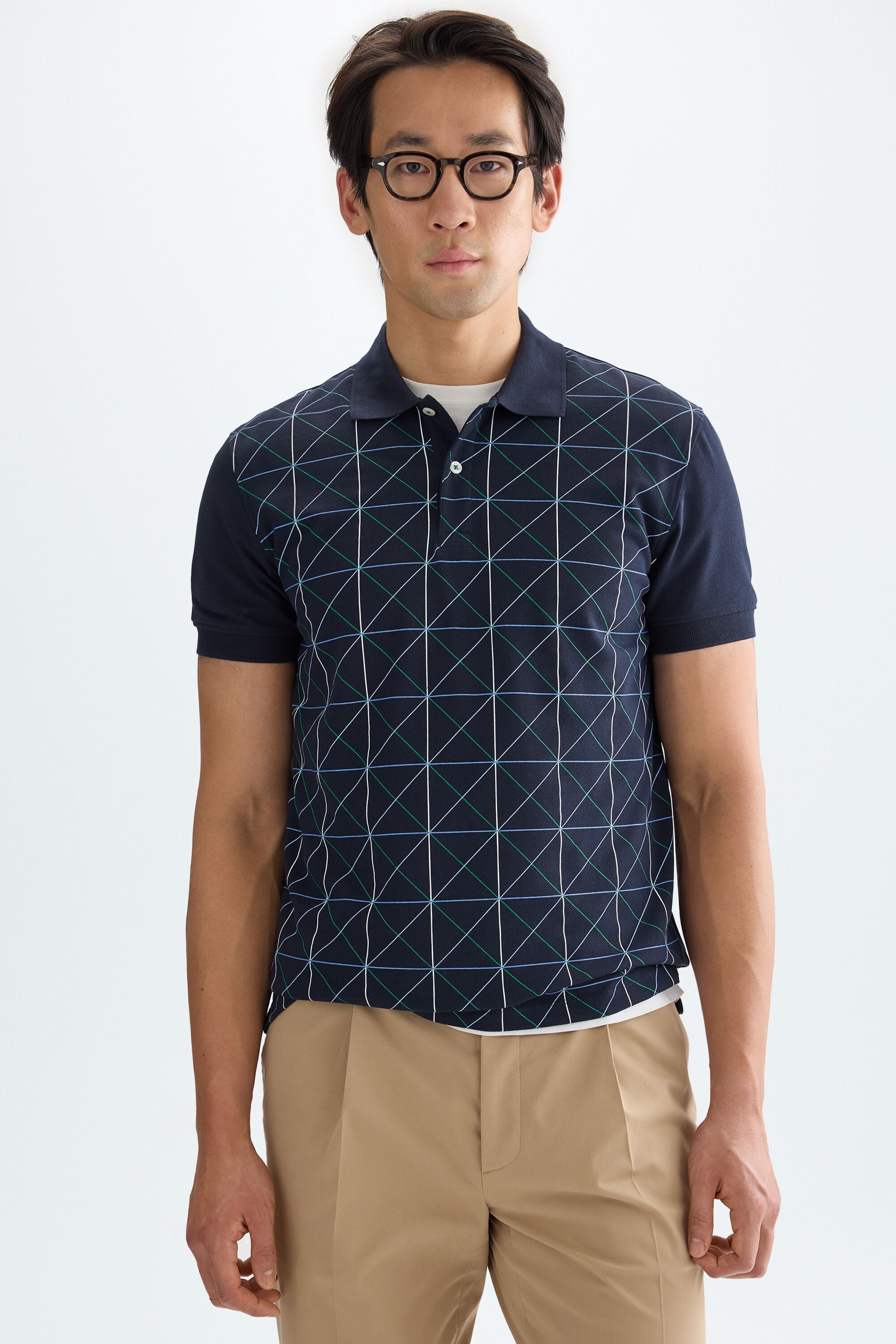 Origami print piqué polo shirt navy blue/sky blue/green - Purificacion ...