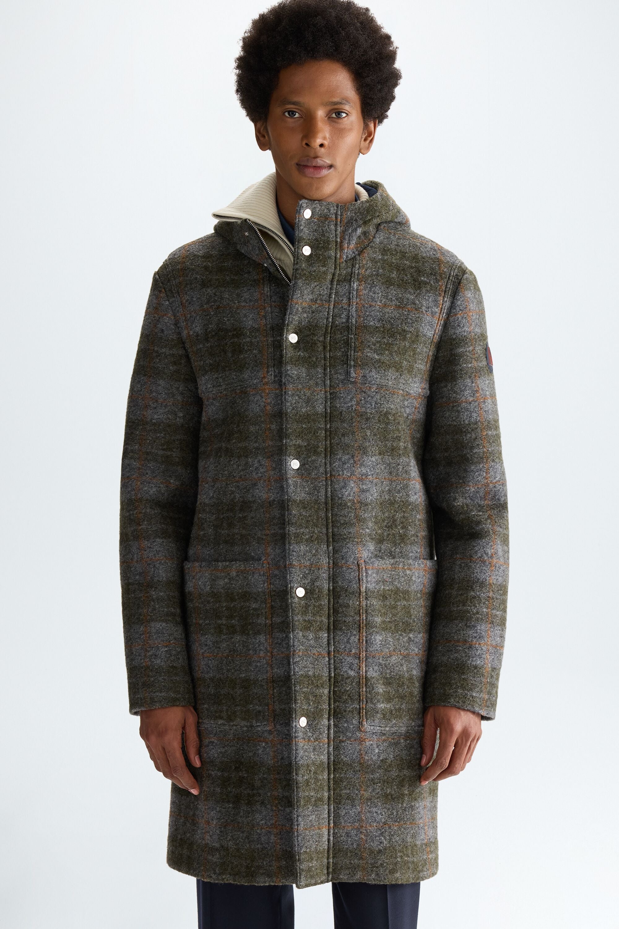 Hooded chequered wool neoprene coat gray/green - Purificacion Garcia ...