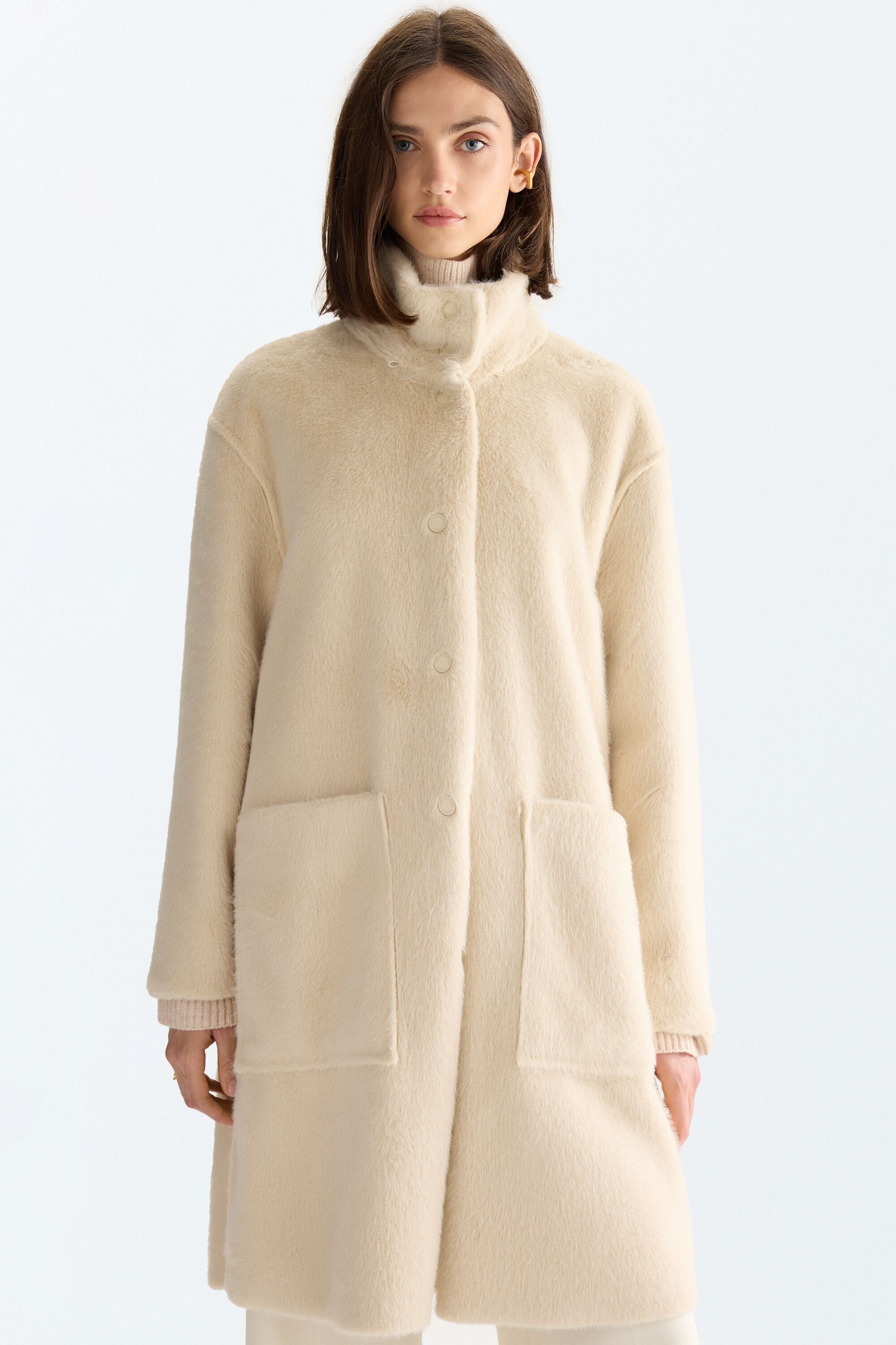 Double-faced faux-fur coat with detachable hood vanilla - Purificacion ...