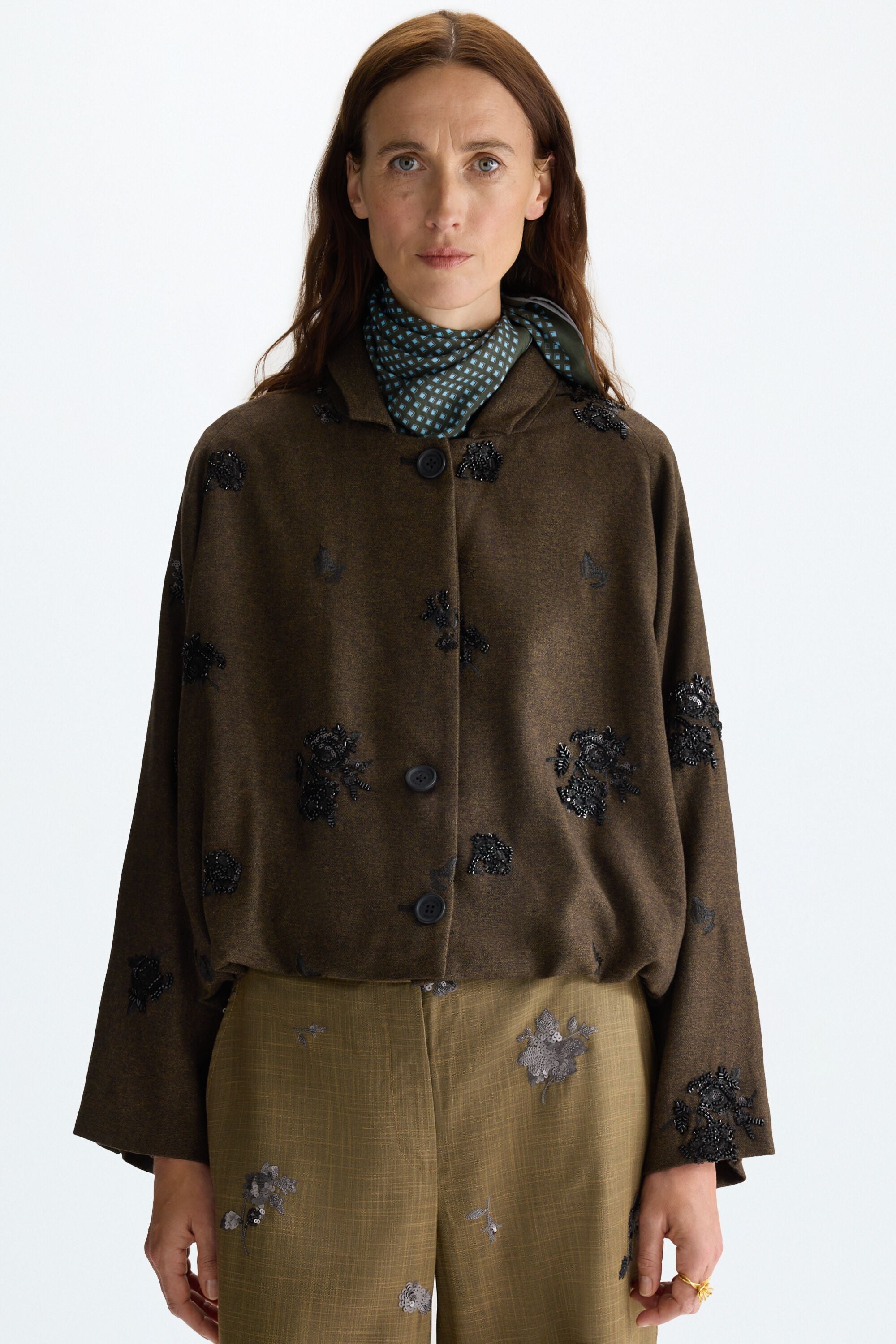 Embroidered bird's eye weave oversize short jacket earth brown ...