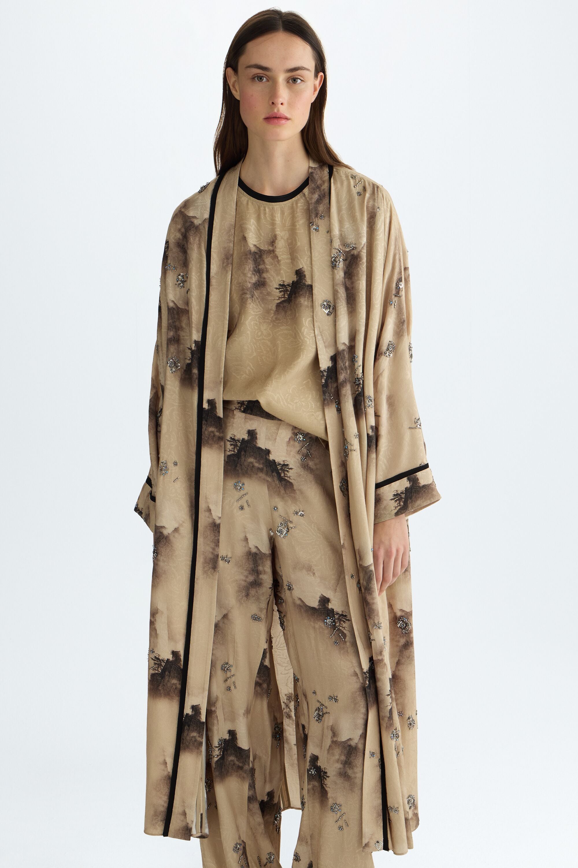 Embroidered jacquard midi dust coat camel/black - Purificacion Garcia ...